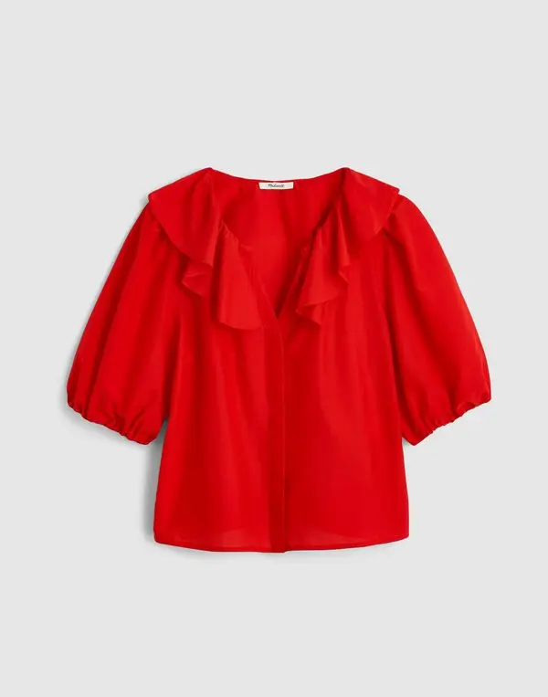 Madewell Ruffled Y-neck Top In Cotton-silk Blend