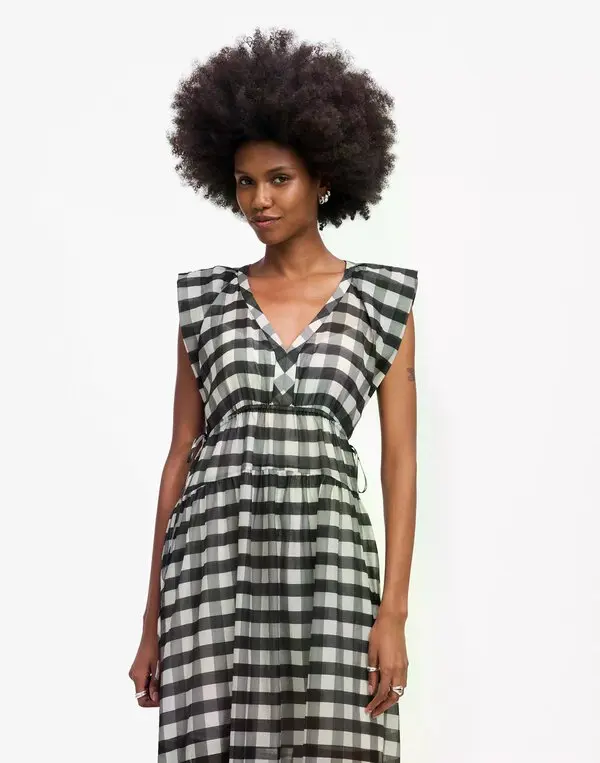 Women's Sheer V-Neck Dolman Maxi Dress in Gingham - Size L | Madewell