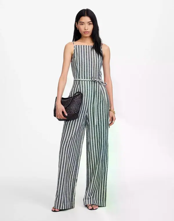 Madewell Pinstripe Linen Pleated Wide-leg Jumpsuit - Navy White Stripe