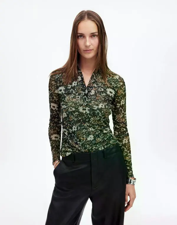 Madewell Floral Mesh Long-sleeve Polo Top