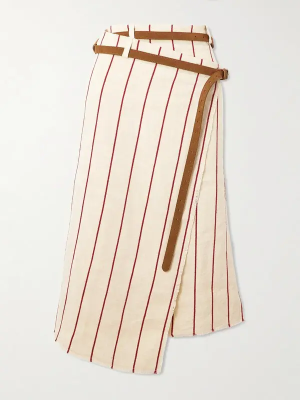 BETTTER Pareo Belted Striped Linen Midi Wrap Skirt - Neutrals