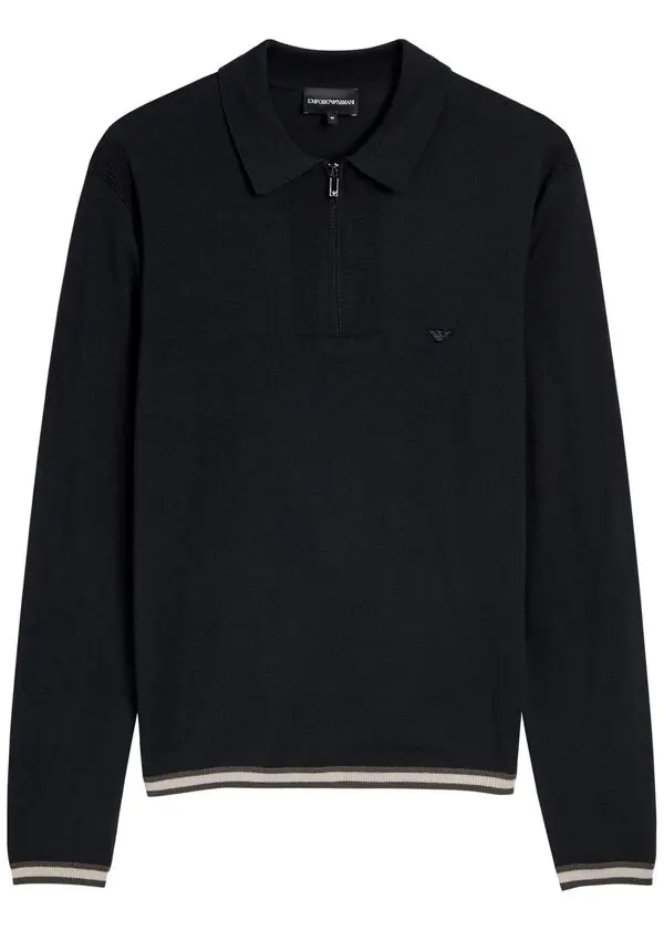 Emporio Armani Half-zip Wool-blend Polo Shirt - Navy