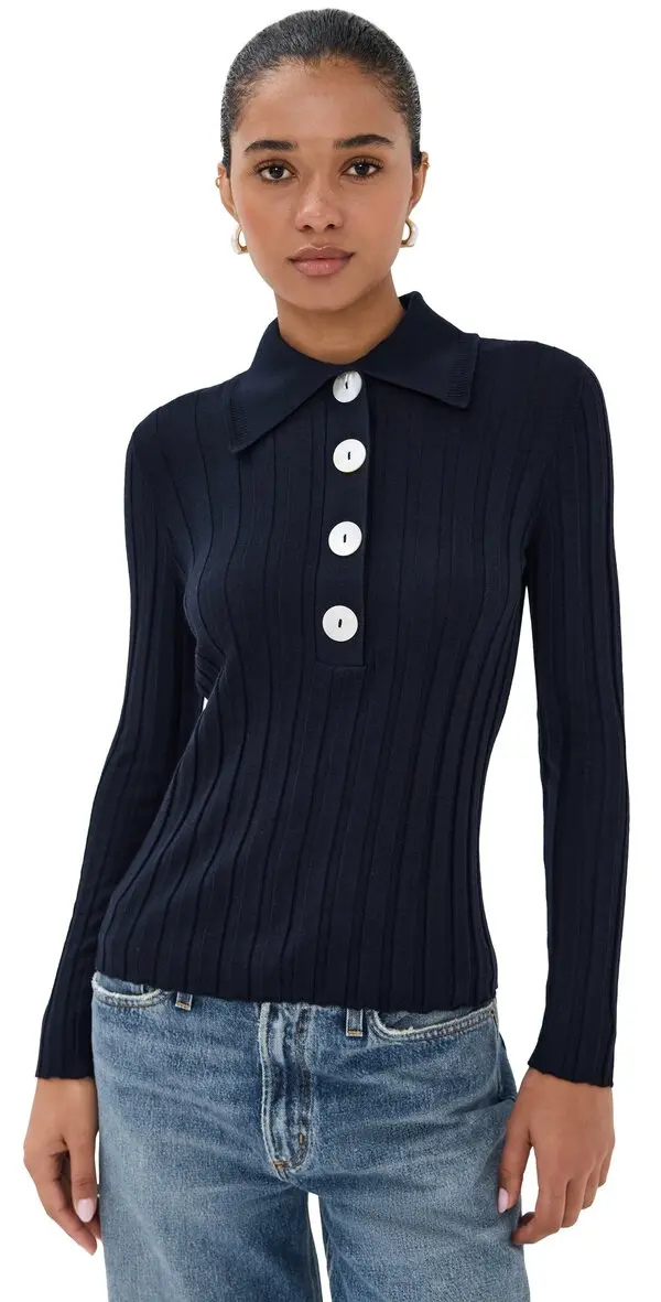 NACKIYE Sugarman Knit Long Sleeve Polo - Navy