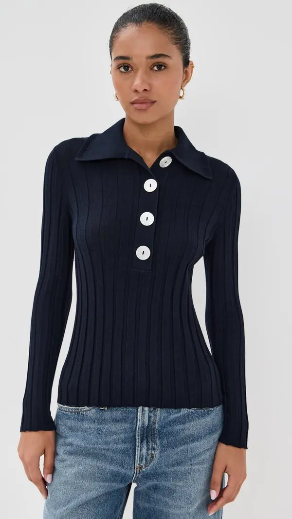 NACKIYE Sugarman Knit Long Sleeve Polo - Navy