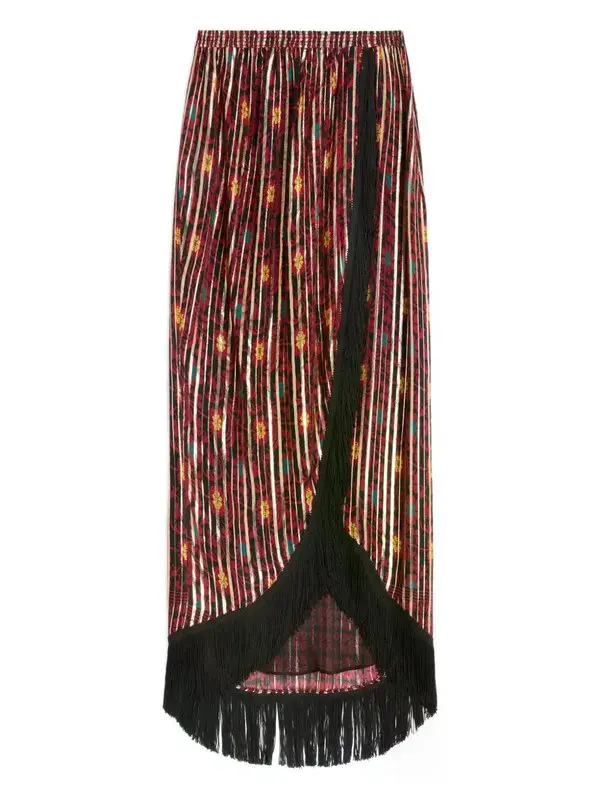 Valentino Garavani Lamé Midi Skirt With Print And Fringe Detailing