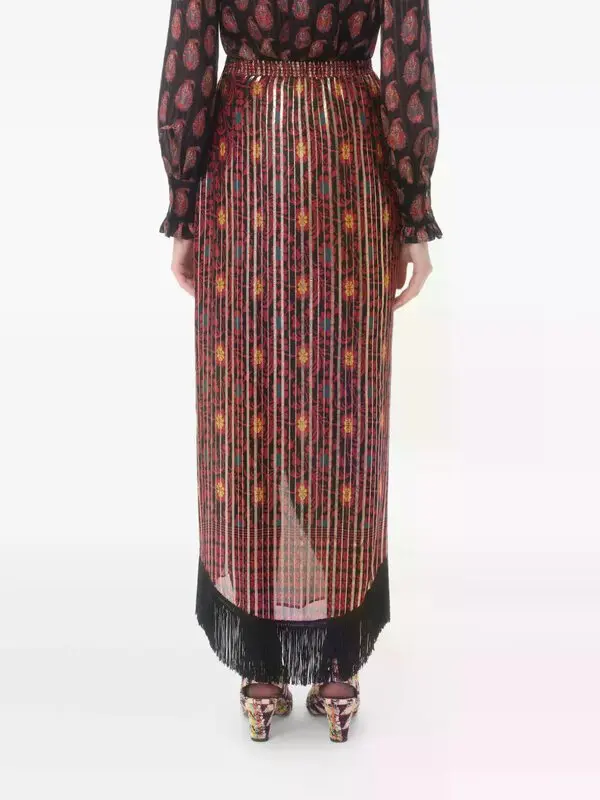 Valentino Garavani Lamé Midi Skirt With Print And Fringe Detailing
