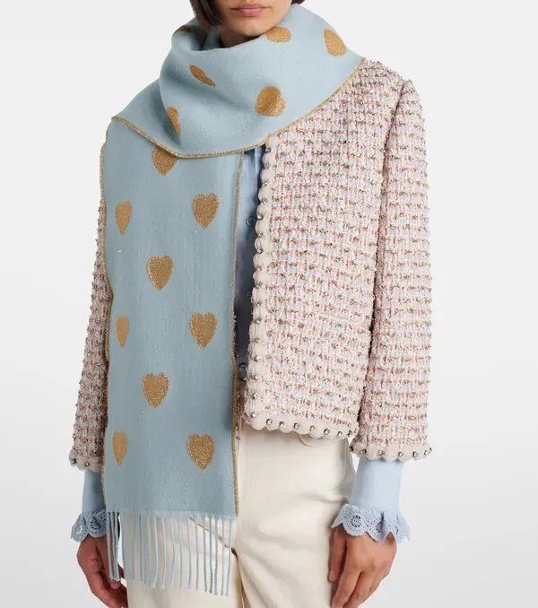 Valentino Garavani Heart Fringed Wool-blend Scarf
