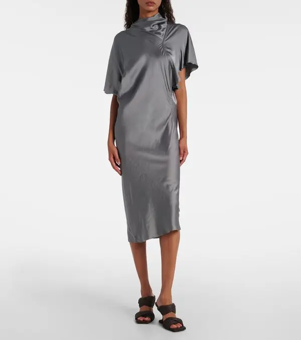 Rick Owens Gathered Satin Midi Dress - Grey