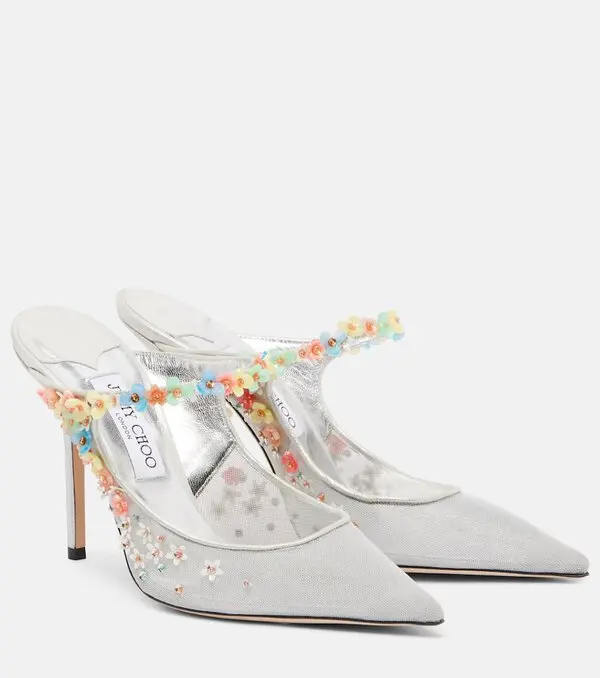 JIMMY CHOO Bing Daisy 100 Embellished Mesh Mules - Silver