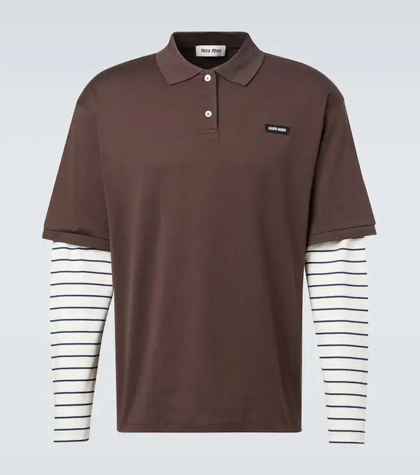 Miu Miu Layered Striped Cotton Polo Shirt - Brown