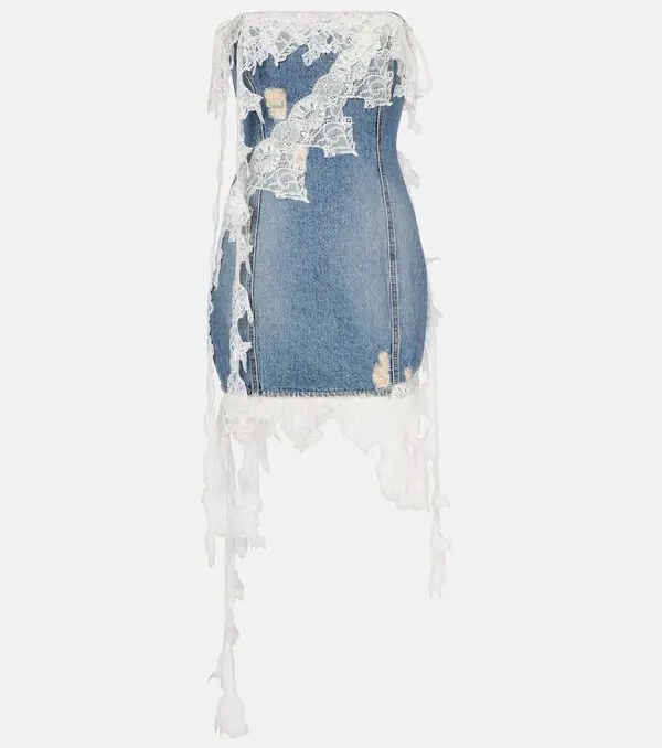 Blumarine Lace-trimmed Denim Minidress - Blue