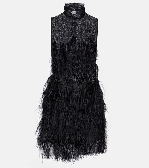 Attico Feather-trimmed Embroidered Minidress