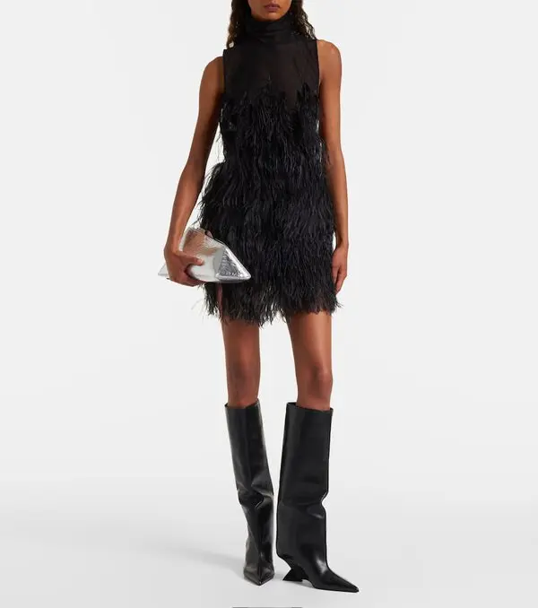 Attico Feather-trimmed Embroidered Minidress