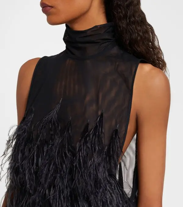Attico Feather-trimmed Embroidered Minidress