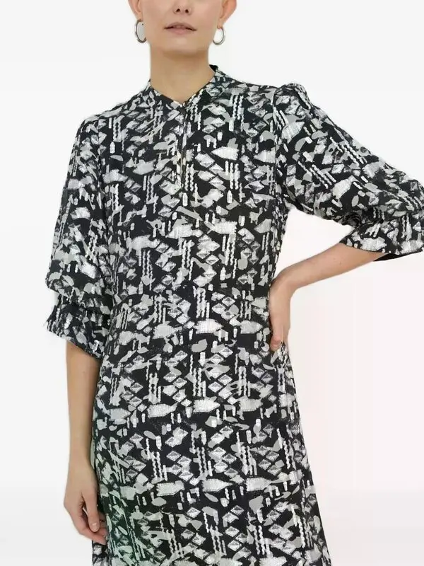 BRUUNS BAZAAR Geometric-print Puff-sleeve Midi Dress - Black