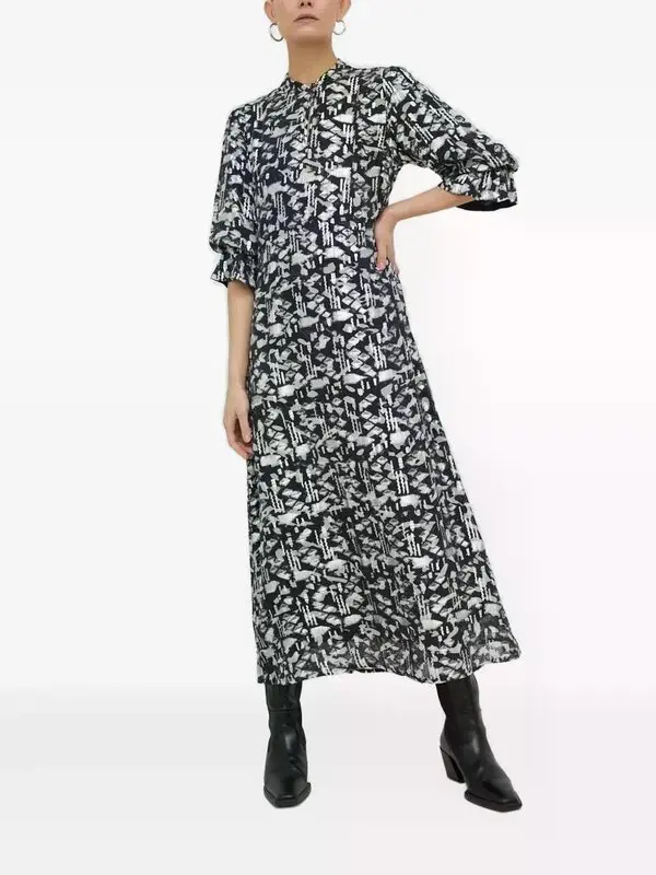 BRUUNS BAZAAR Geometric-print Puff-sleeve Midi Dress - Black