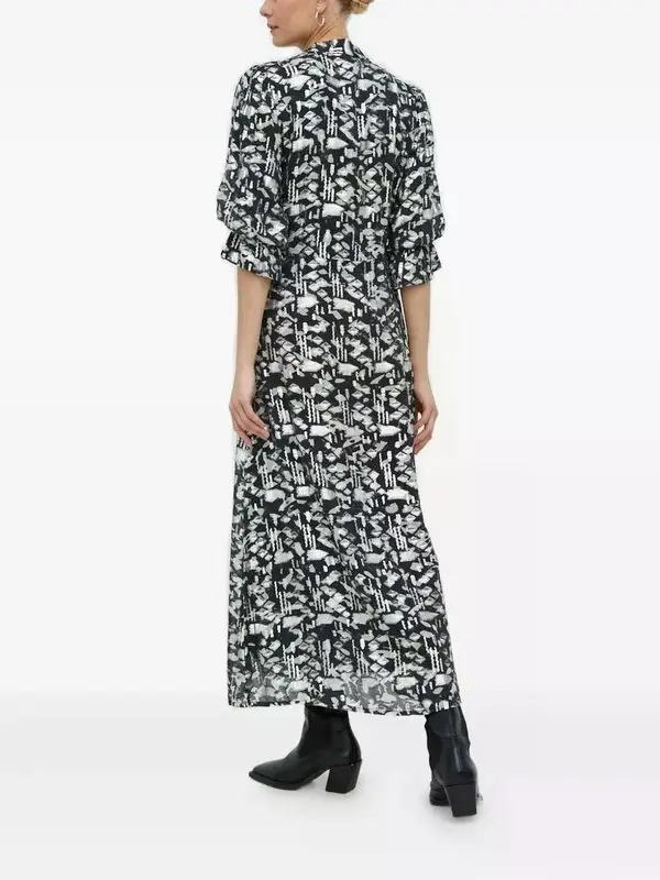 BRUUNS BAZAAR Geometric-print Puff-sleeve Midi Dress - Black