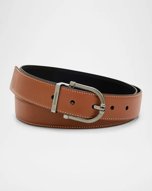 FERRAGAMO Horseshoe-buckle Double Adjustable Leather Belt - New Cognac