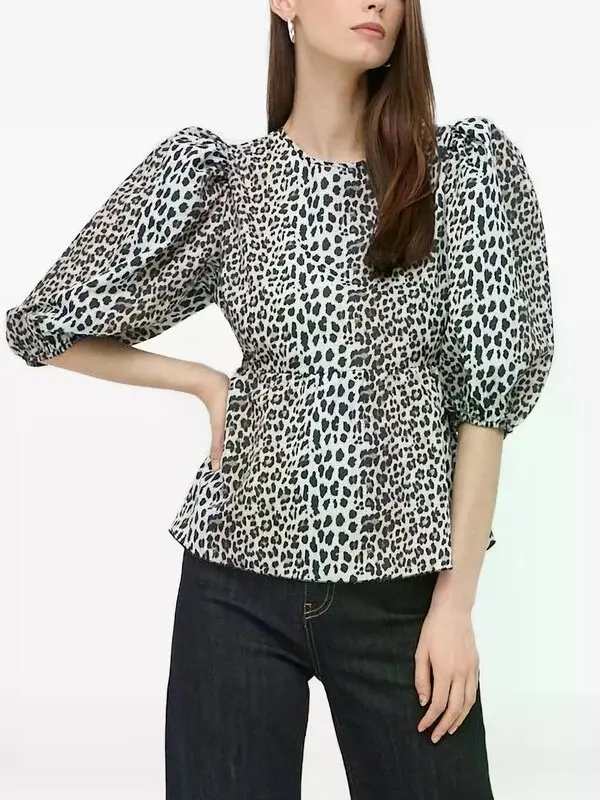 NOTES DU NORD Leopard-print Top With Puff Sleeves