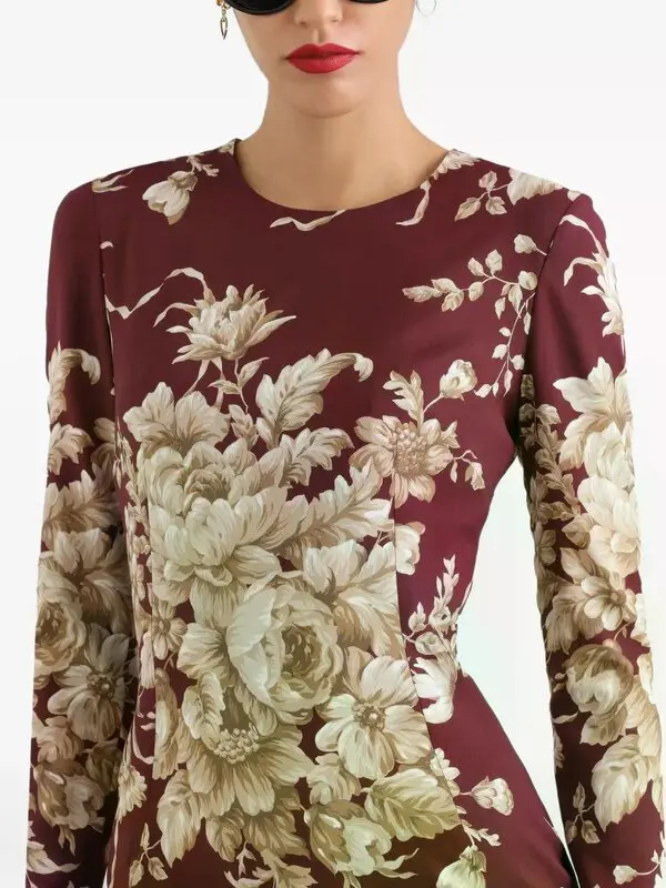 Dolce & Gabbana Floral-print Long-sleeve Midi Dress - Red