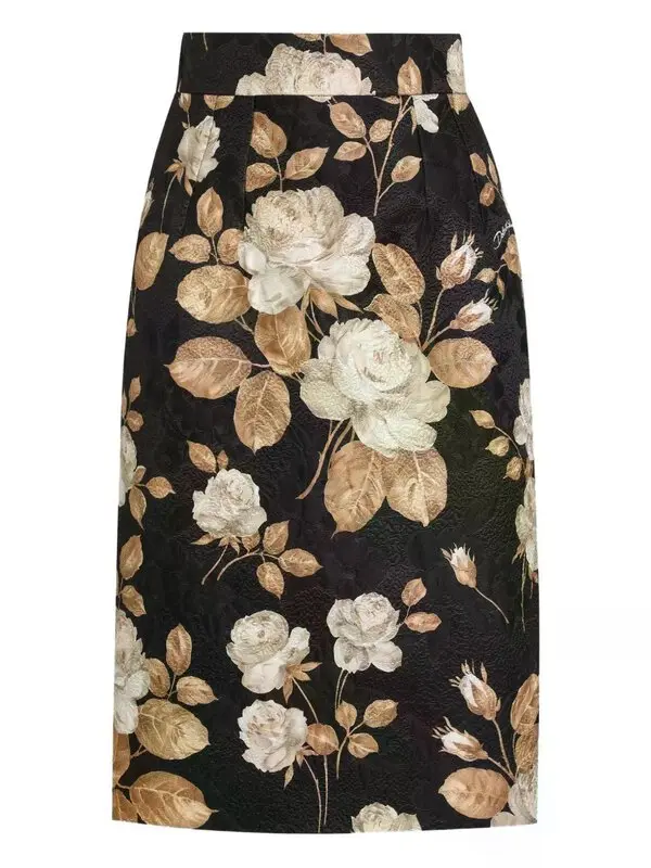 Dolce & Gabbana Rose-print Midi Pencil Skirt - Black
