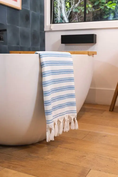 INFUSEZEN Bask Striped Organic Turkish Towel With Soft Terry Cloth Back - Blue