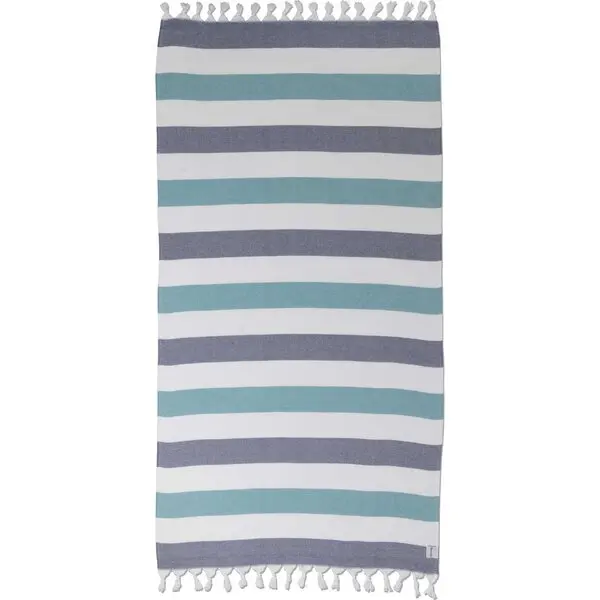INFUSEZEN Kapris Striped Organic Turkish Towel With Soft Terry Cloth Back - Navy And Aqua