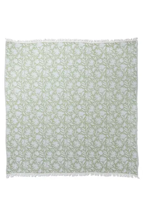 INFUSEZEN Whimsical Flower Organic Reversible Muslin Blanket - Olive