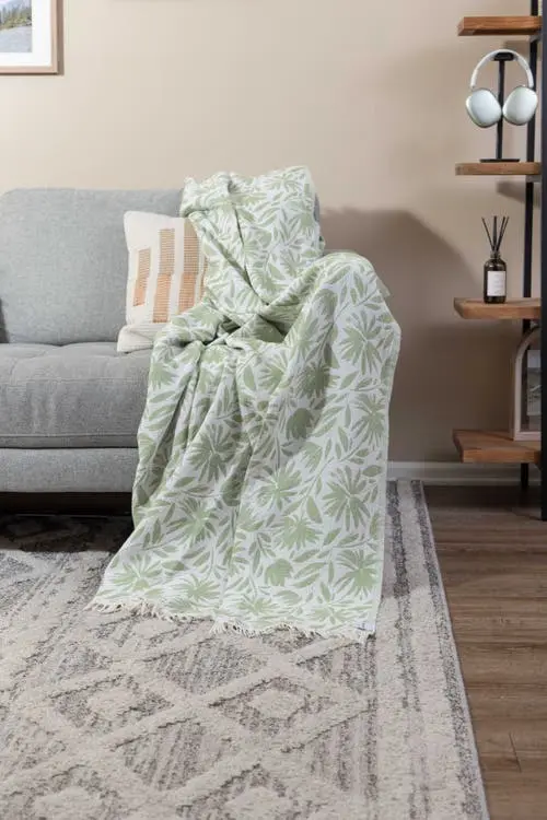 INFUSEZEN Whimsical Flower Organic Reversible Muslin Blanket - Olive