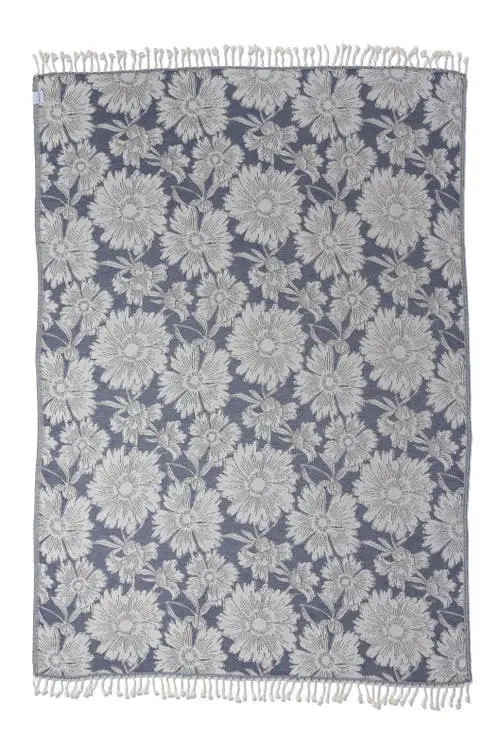 INFUSEZEN Garden Flower Organic Cotton Medium Weight Throw Blanket - Navy
