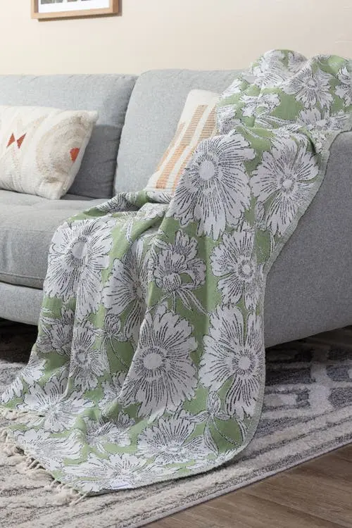 INFUSEZEN Garden Flower Organic Cotton Medium Weight Throw Blanket - Olive
