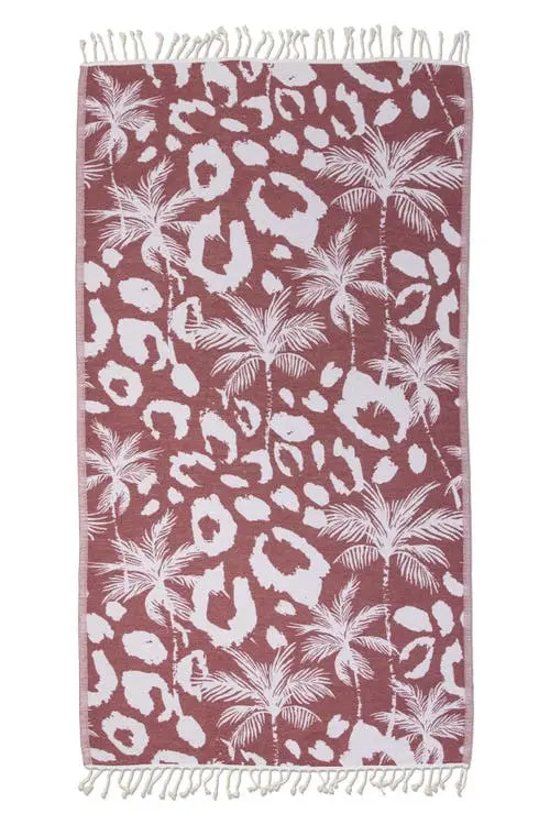INFUSEZEN Leopard Palm Organic Turkish Towel - Burgundy