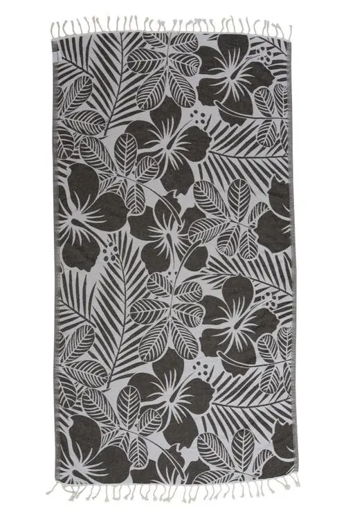 INFUSEZEN Hawaiian Flower Print Organic Cotton Reversible Turkish Towel - Black