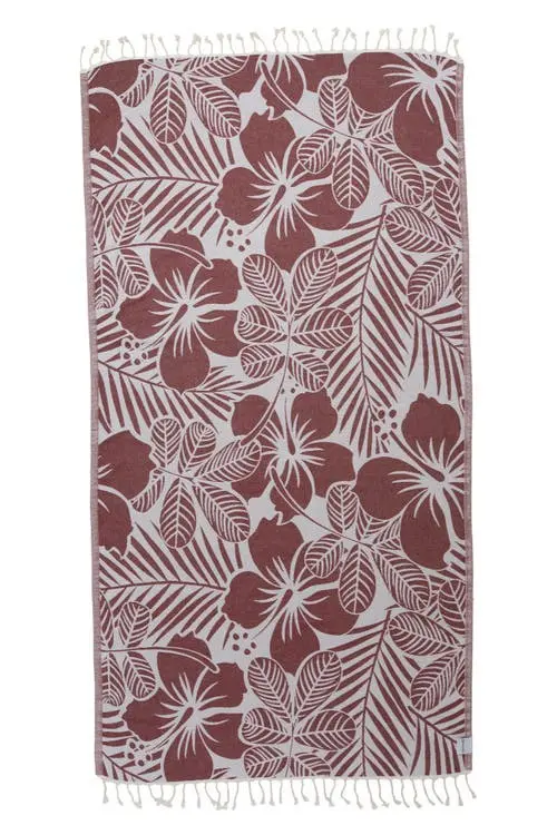 INFUSEZEN Hawaiian Flower Print Organic Cotton Reversible Turkish Towel - Burgundy