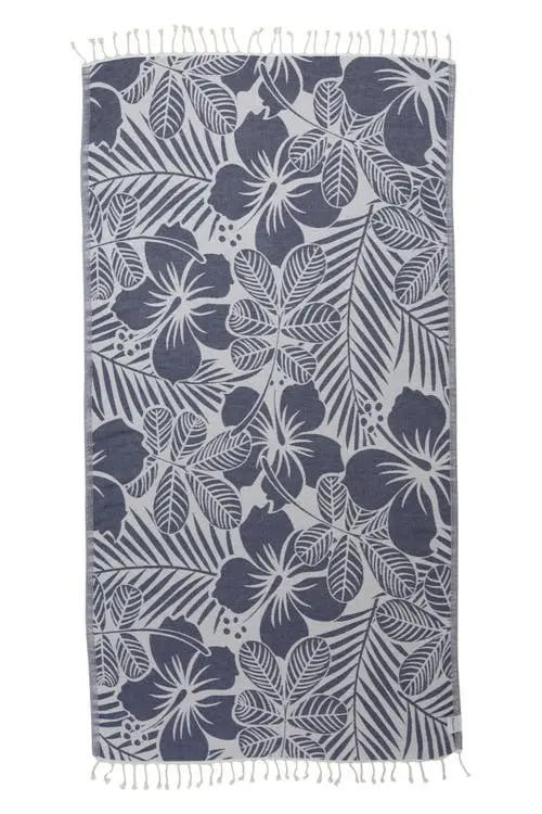 INFUSEZEN Hawaiian Flower Print Organic Cotton Reversible Turkish Towel - Navy