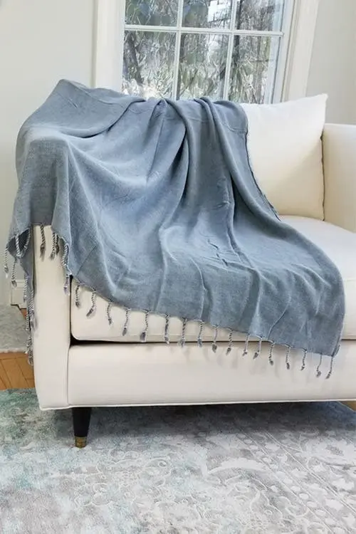INFUSEZEN Stonewashed Organic Small Turkish Throw Blanket - Denim