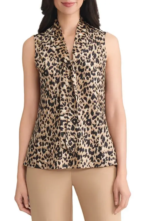 KASPER Sylvia Leopard Print Sleeveless Satin Top - Soft Sand Multi
