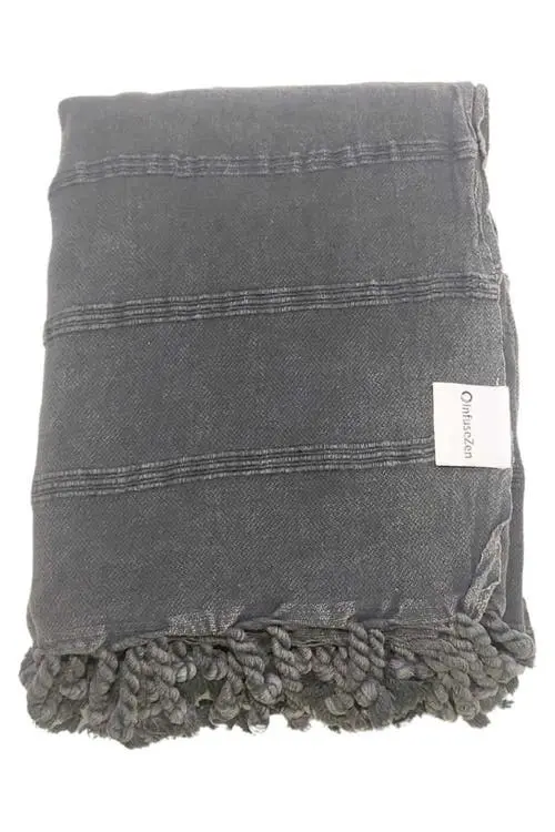 INFUSEZEN Stonewashed Organic Xl Turkish Throw Blanket - Faded Black