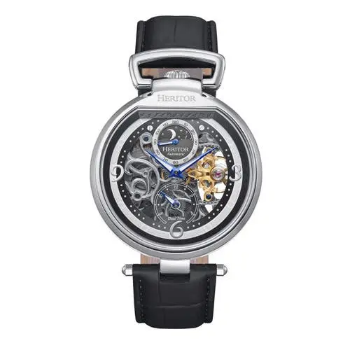 HERITOR AUTOMATIC Lincoln Leather-band Skeleton Watch With Moon Phase - Black