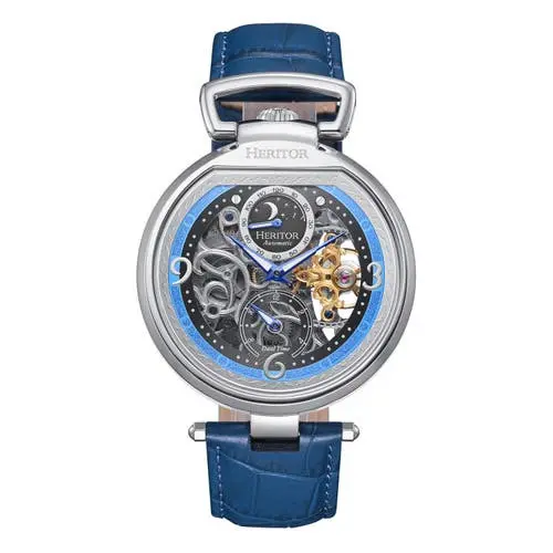 HERITOR AUTOMATIC Lincoln Leather-band Skeleton Watch With Moon Phase - Blue