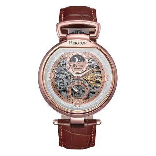 HERITOR AUTOMATIC Lincoln Leather-band Skeleton Watch With Moon Phase - Brown