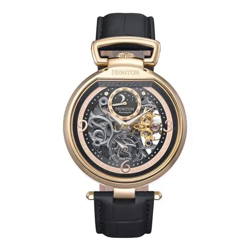 HERITOR AUTOMATIC Lincoln Leather-band Skeleton Watch With Moon Phase - Gold