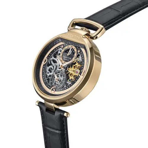 HERITOR AUTOMATIC Lincoln Leather-band Skeleton Watch With Moon Phase - Gold