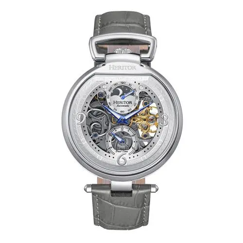 HERITOR AUTOMATIC Lincoln Leather-band Skeleton Watch With Moon Phase - Grey