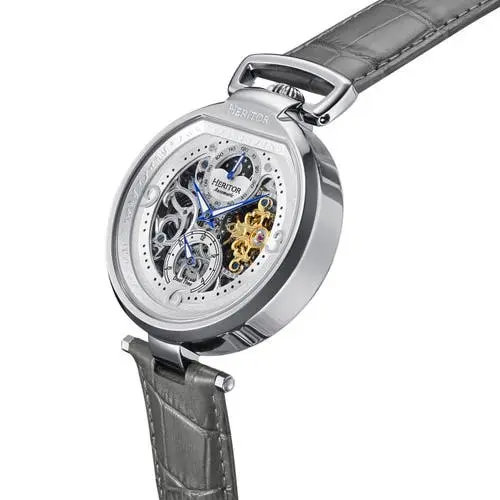 HERITOR AUTOMATIC Lincoln Leather-band Skeleton Watch With Moon Phase - Grey