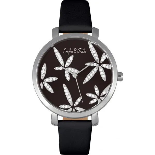 SOPHIE AND FREDA Key West Leather-band Watch With Swarovski Crystals - Silver/black