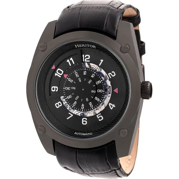 HERITOR AUTOMATIC Daniels Semi-skeleton Leather-band Watch - Black