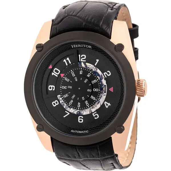HERITOR AUTOMATIC Daniels Semi-skeleton Leather-band Watch - Rose Gold/black