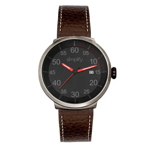 SIMPLIFY Leather-band Watch With Date - Dark Brown/red
