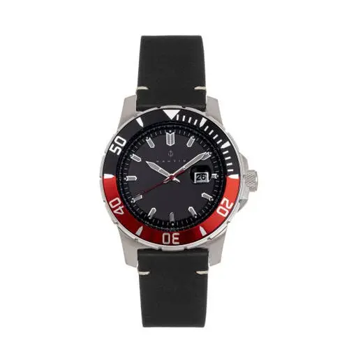 NAUTIS Dive Pro 200 Leather-band Watch With Date - Black & Red